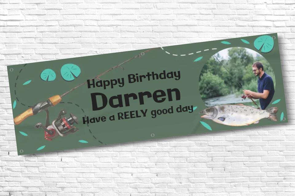 Green Mens and Boys Personalised Fishing Birthday Banner with Any Phot